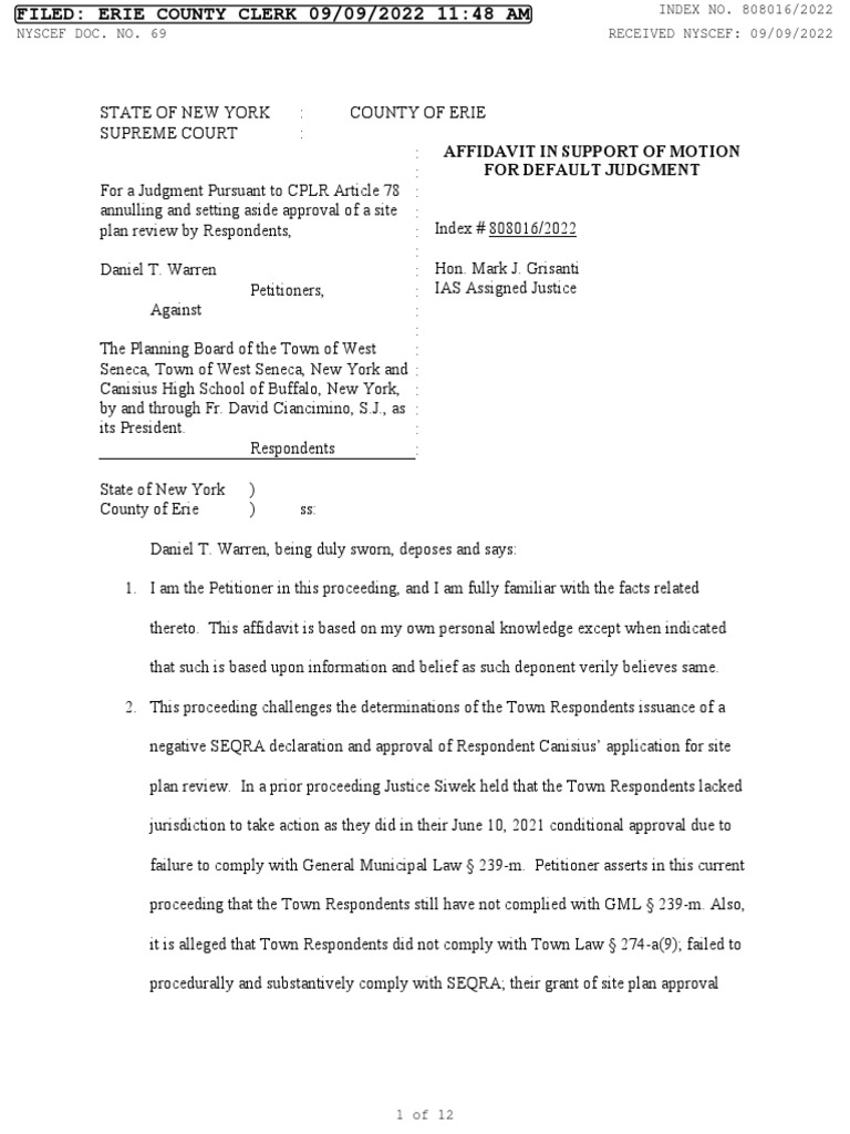 Warren v. West Seneca Planning Board - Affidavit in Support of Default ...