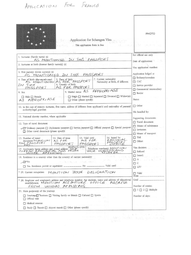 Sample Filled Visa Form - France | PDF