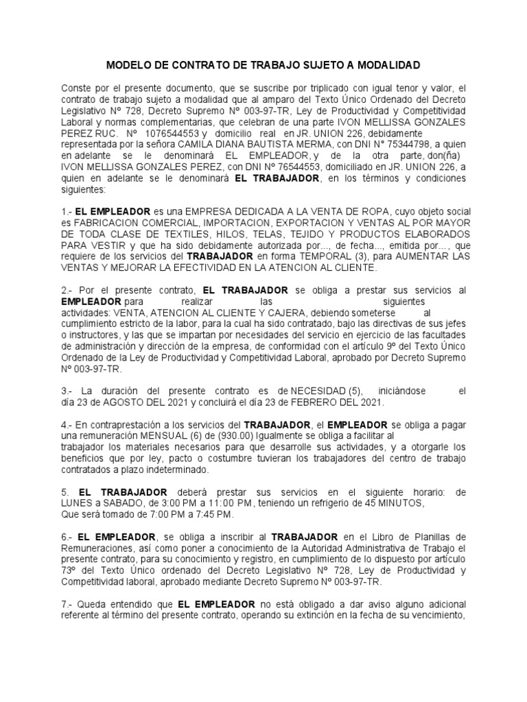 Modelo de Contrato de Trabajo Sujeto A Modalidad | PDF | Derecho laboral | Salario
