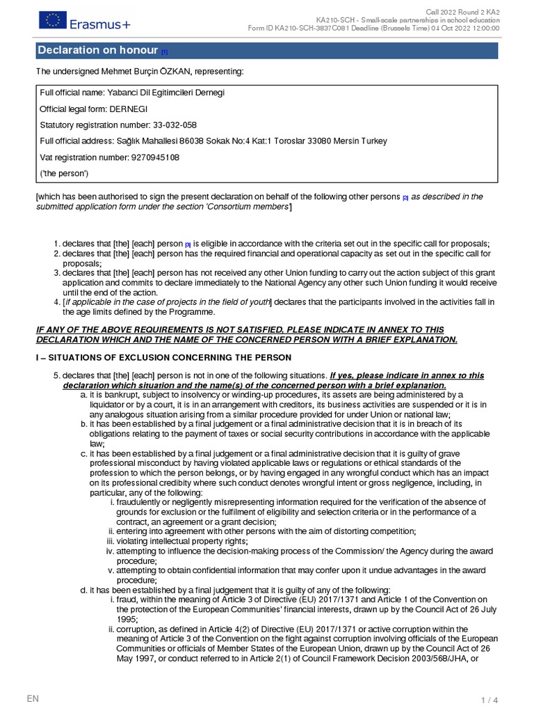 Declaration On Honour | PDF | European Union | Bankruptcy