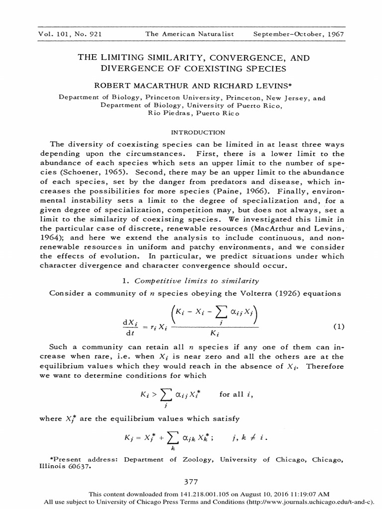 2 - Macarthur - Levins 1967 The Limiting Similarity, Convergence | PDF ...