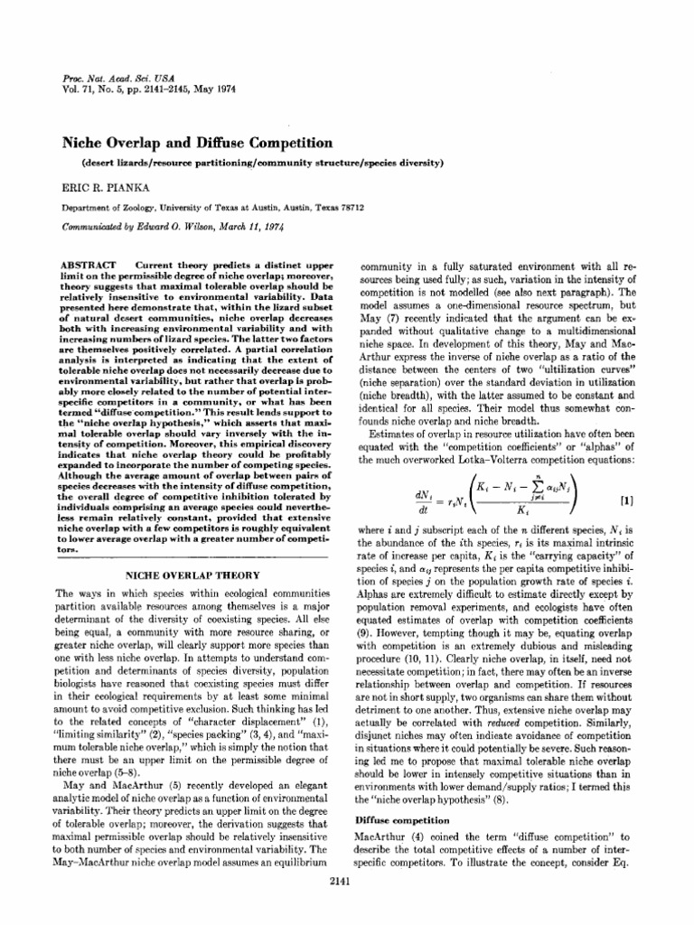 3 - Pianka 1974, Niche Overlap and Diffuse Competition | PDF ...