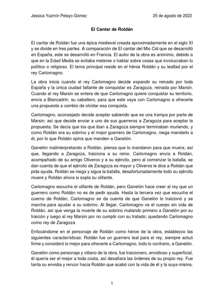 JessicaPelayo EXPOSICION 2 EL CANTAR DE ROLDAN | PDF | Clásicos