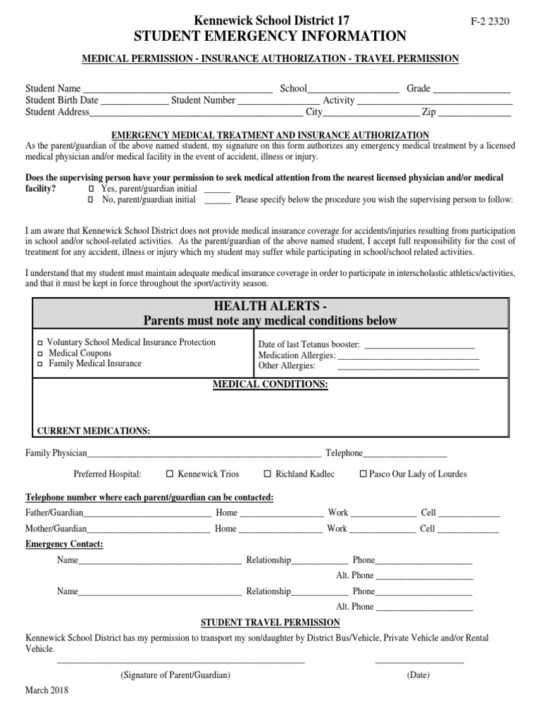 Kennewick School District Emergency Form | PDF | Health Economics ...