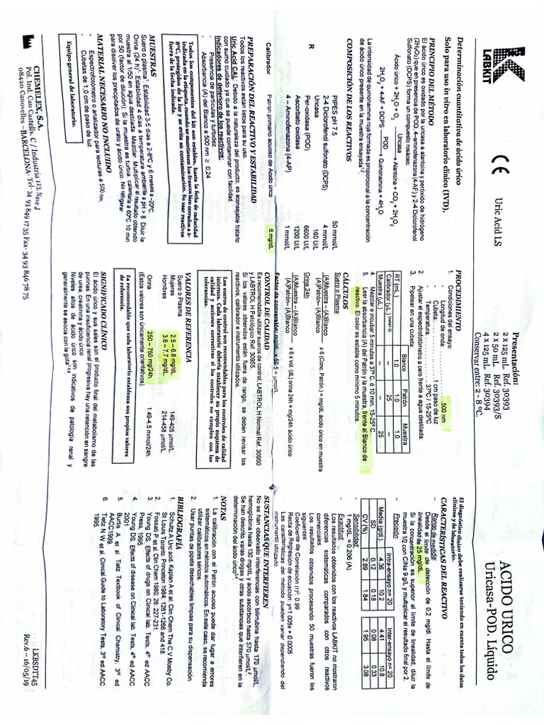 Inserto: Ácido Úrico de Labkit | PDF