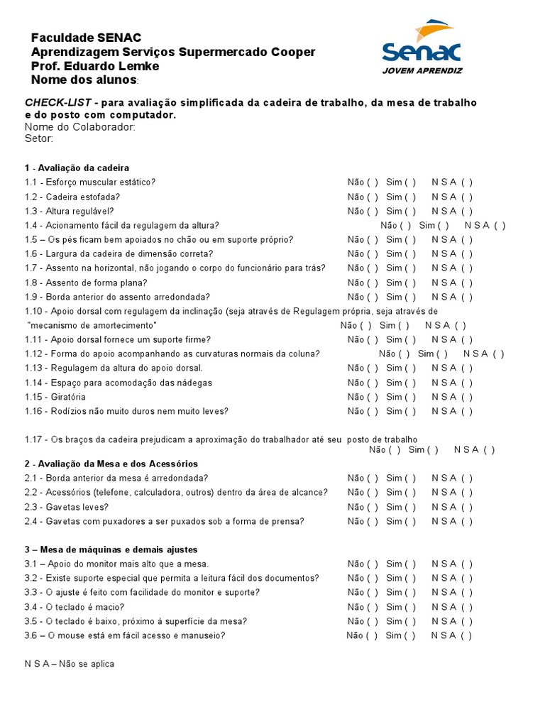 CHECK LIST NR 17 Alunos | PDF | Informática