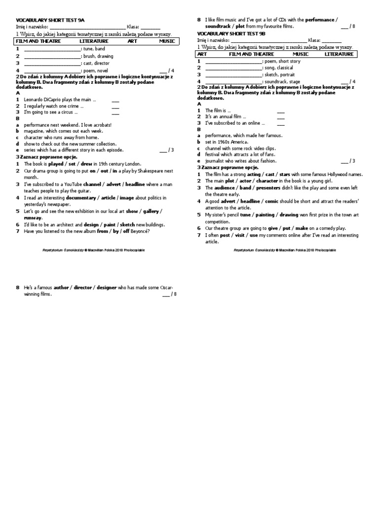 Vocab Short Test Unit 9aand9b Pdf Entertainment
