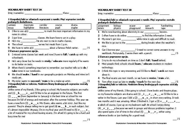 Vocab - Short Test - Unit - 3A&3B | PDF