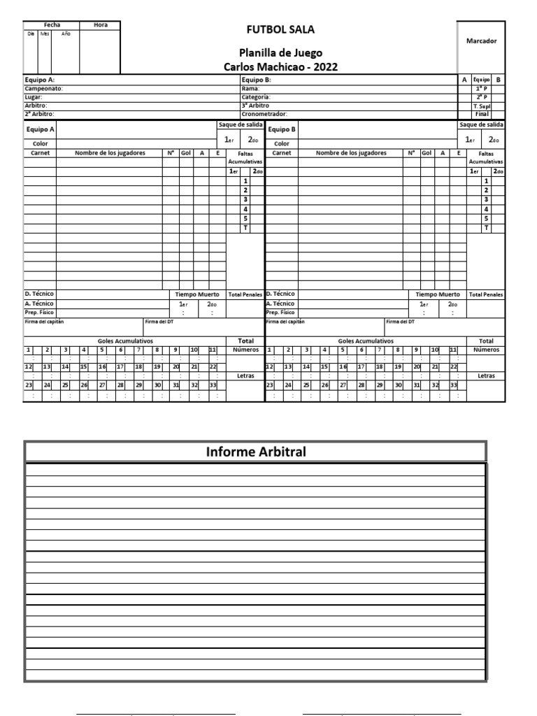 Planilla de Juego Futsal | PDF | Árbitro | Deportes de equipo