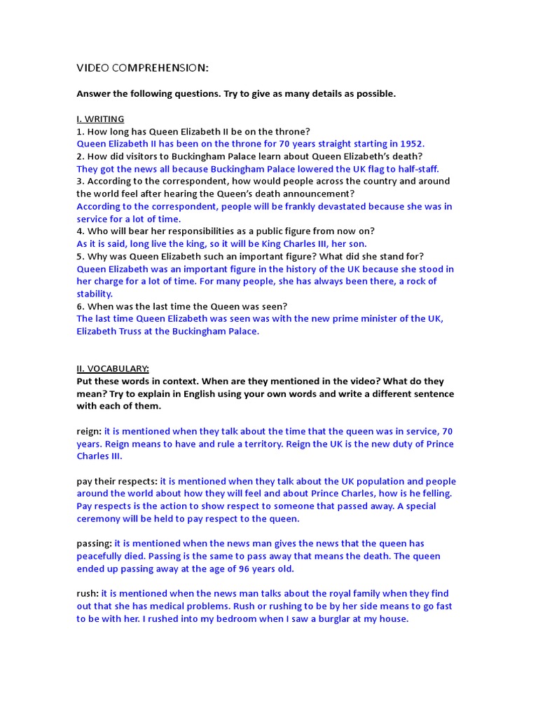Gerard Orriols - VIDEO COMPREHENSION Queen Elizabeth | PDF | Elizabeth Ii | Grief