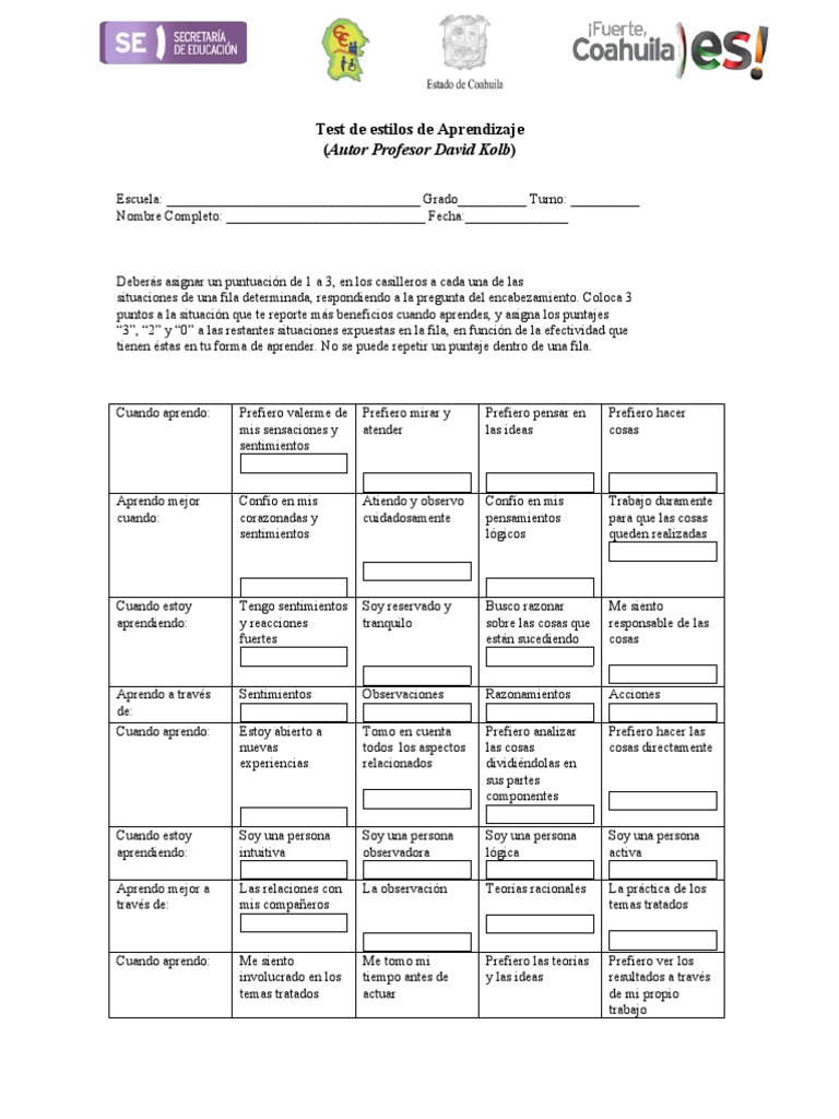 E) Test Estilos de Aprendizaje Kolb | PDF | Aprendizaje | Aprendiendo ...