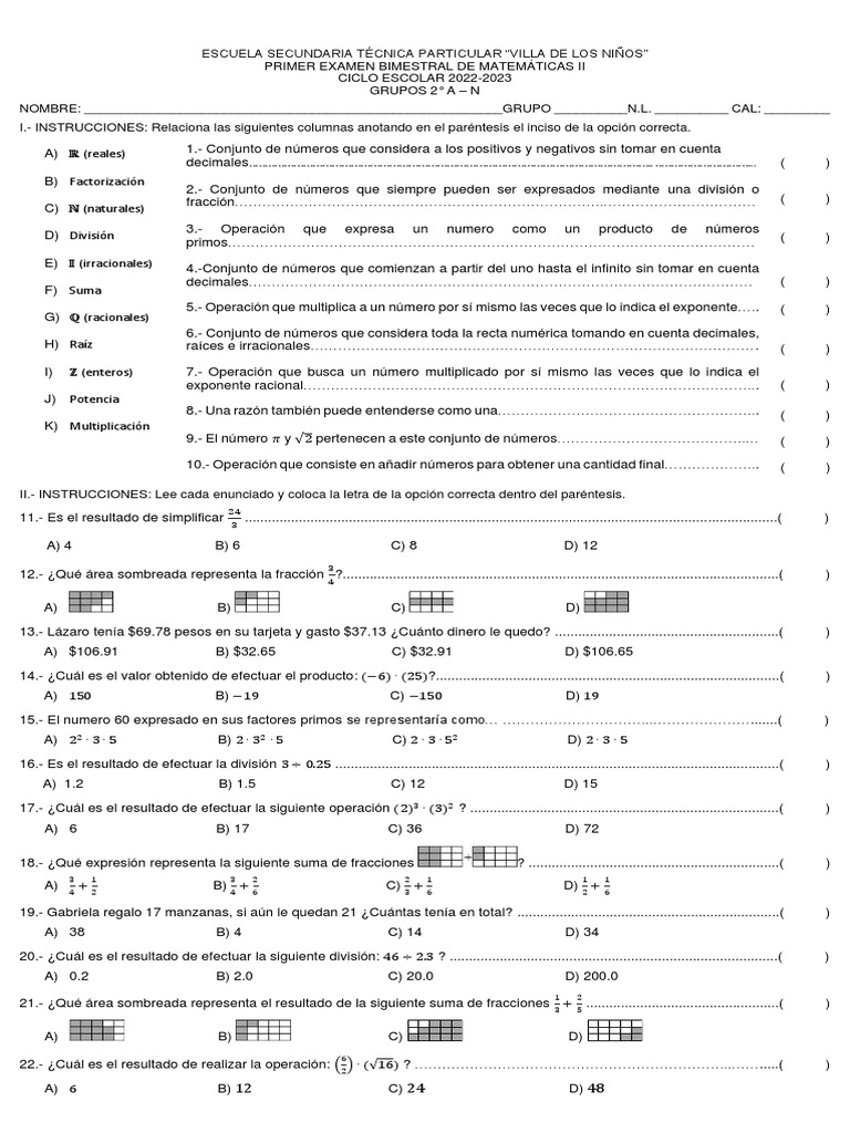 1º Examen Bimestral Matematicas 2 | PDF | Números | Número racional