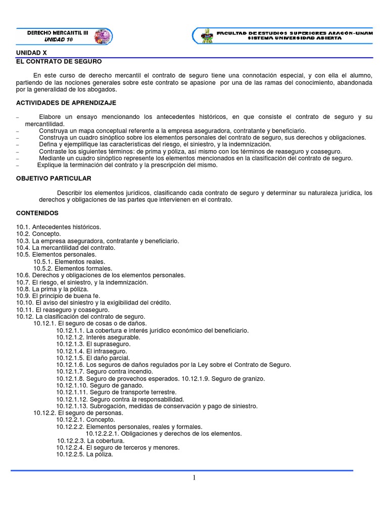 Derecho Mercantil III Unidad 10 | PDF | Póliza de seguros | Seguro