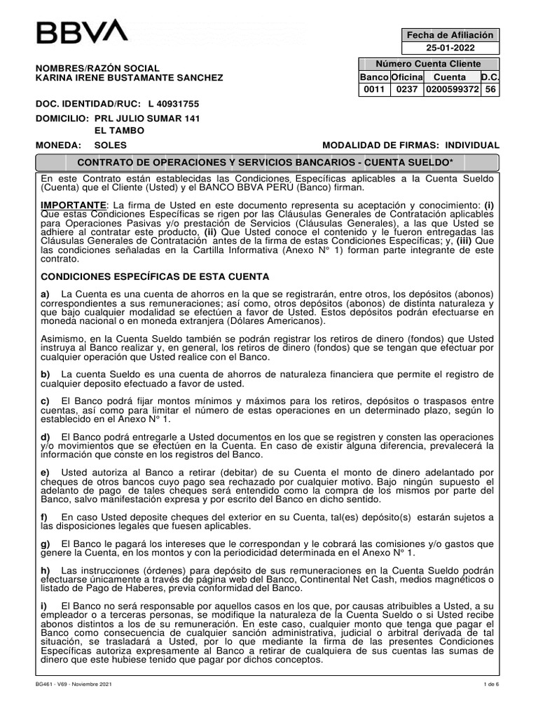 Contrato de Cuenta Sueldo Bbva | PDF | Bancos | Interés