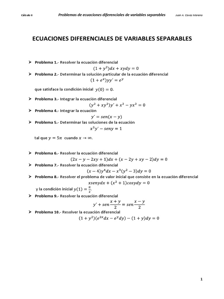 Problemas Ecuaciones Diferenciales de Variables Separables | PDF