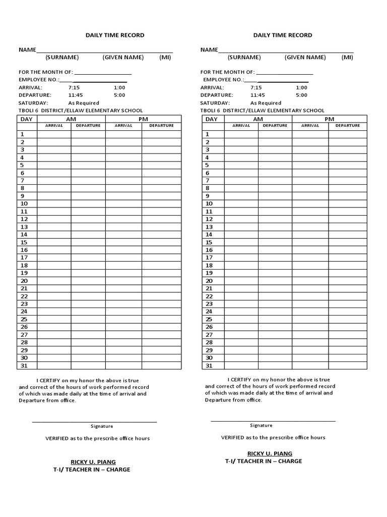 Daily Time Record Daily Time Record: Arrival Departure Arrival ...