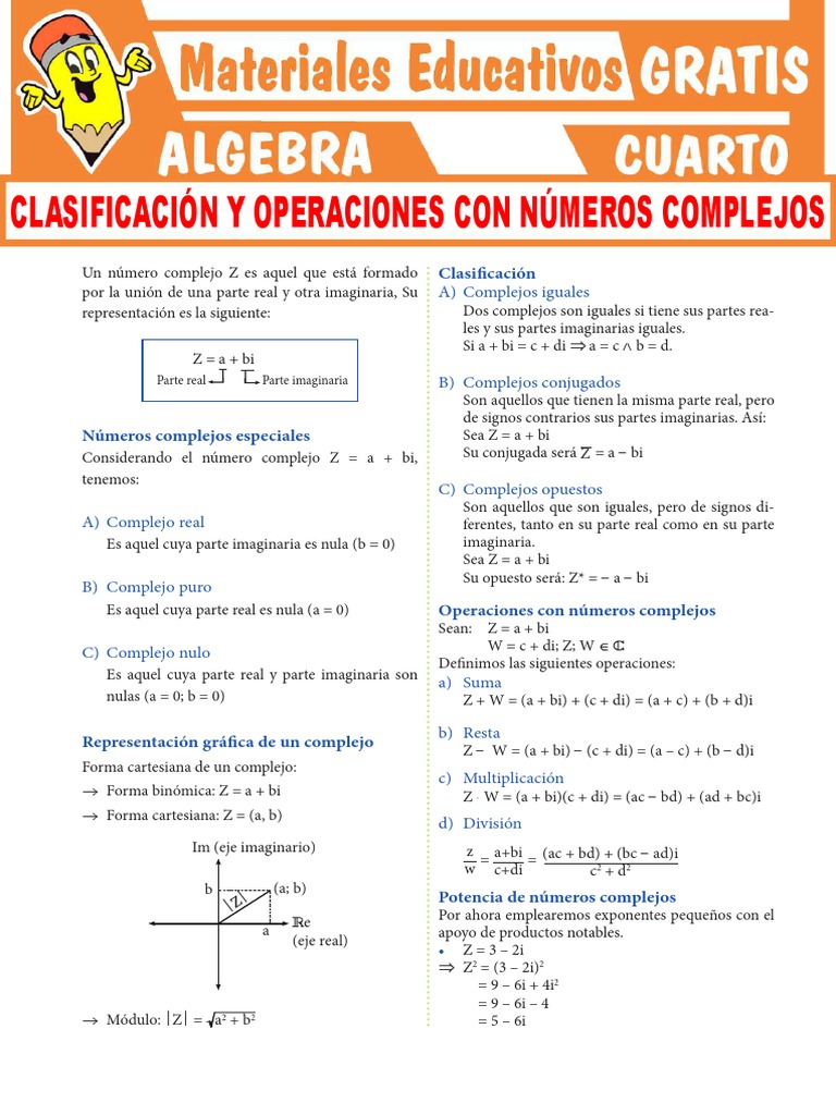 Clasificación y Operaciones Con Números Complejos para Cuarto Grado de Secundaria | Descargar ...