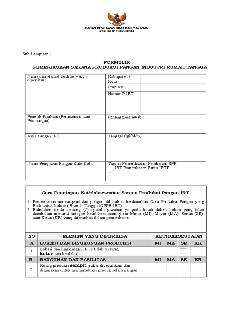 1 - Inspeksi - Formulir - Pemeriksaan - Sarana - Produksi - Pangan ...