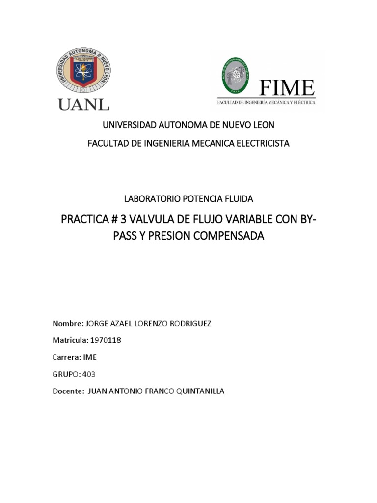 Practica #3 Lab de Potencia Fluida Franco Quintanilla | PDF | Presión | Válvula