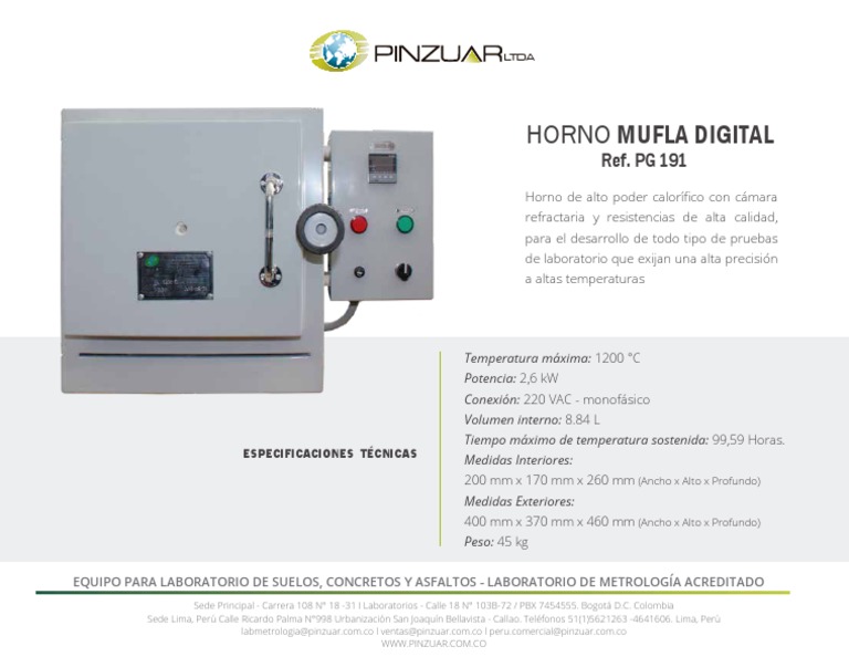 Hoja de Producto Horno Mufla Ref PG 191 | PDF