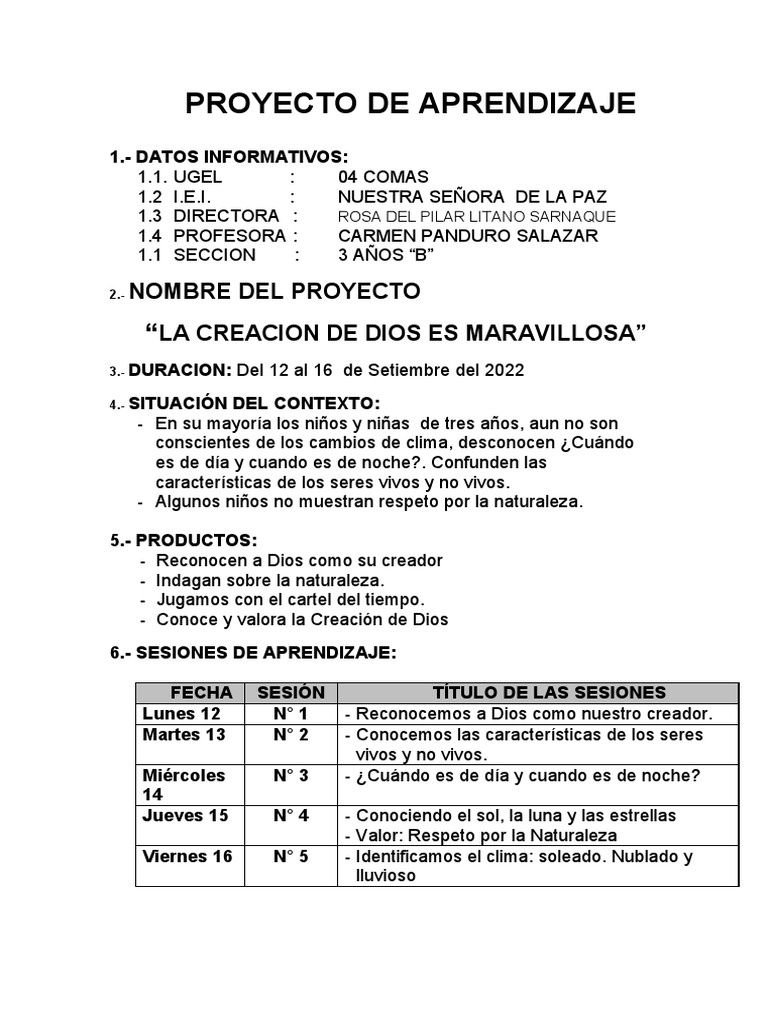 Proyecto de Aprendizaje La Naturaleza Dios Creo | PDF