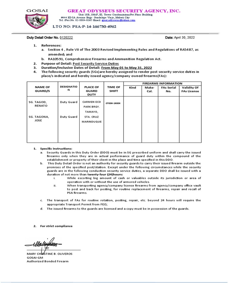 Duty Detail Order: Assigning Security Guards to Posts and Issuing ...