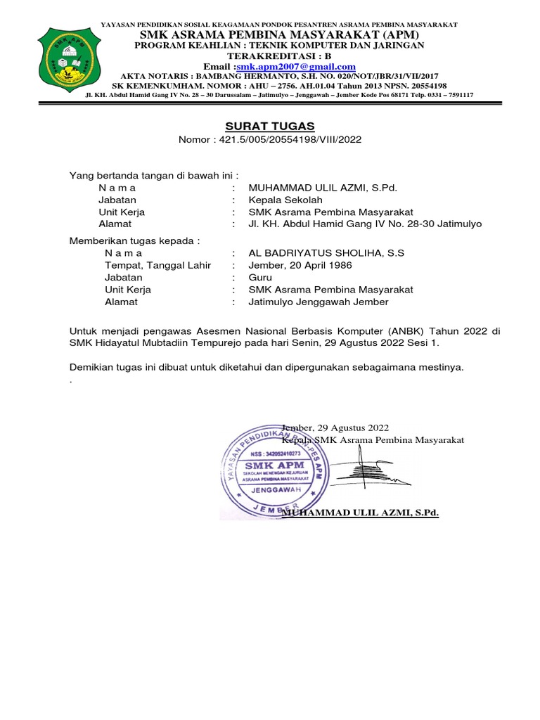 Surat Tugas Pengawas ANBK 2022 | PDF
