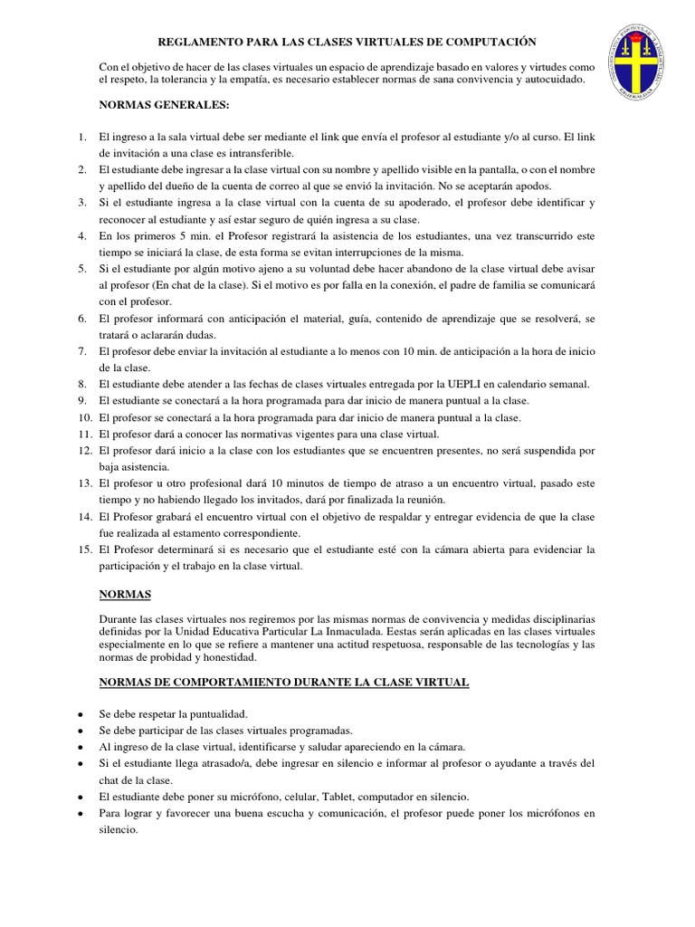 Reglamento para Las Clases Virtuales de Computación | PDF | Maestros ...