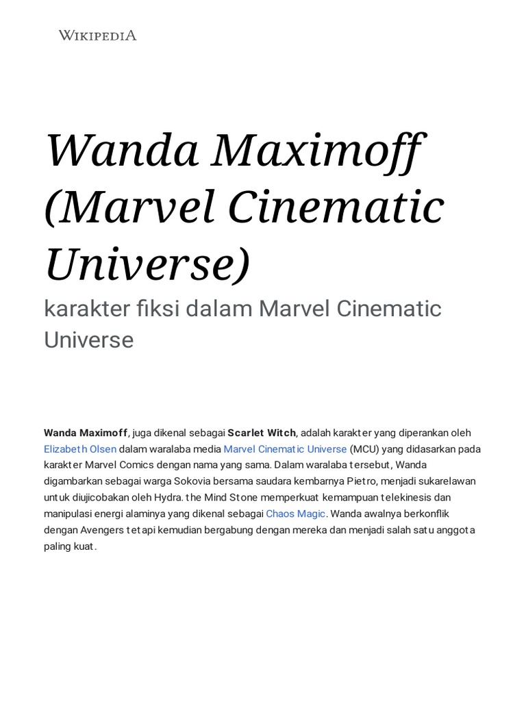 Wanda Maximoff (Marvel Cinematic Universe) - Wikipedia Bahasa Indonesia, Ensiklopedia Bebas | PDF