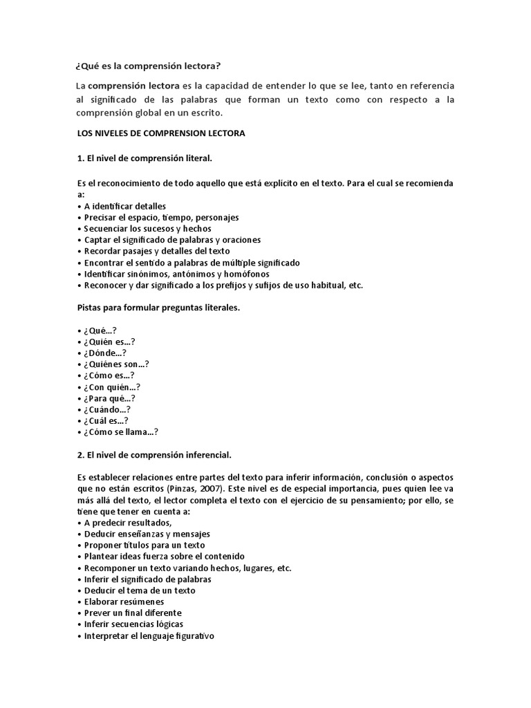 Niveles de Comprensión Lectora | PDF | Comprensión lectora | Conocimiento