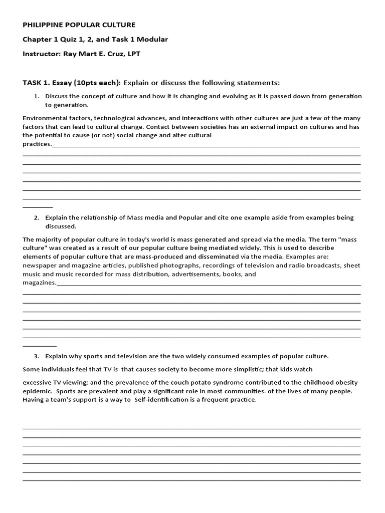 Pop culture Task 1, Quiz 1 and 2 | PDF | Popular Culture | Mass Media