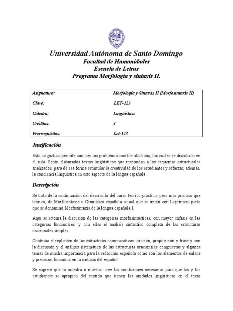 Programa de Morfo II | PDF | Oración (Lingüística) | Sintaxis
