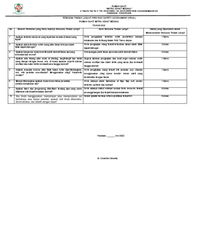 MFK 6.b - Rencana Tindak Lanjut FRSA | PDF