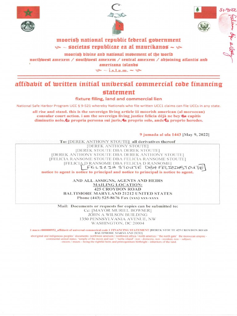 affidavit of written initial universal commercial code financing ...