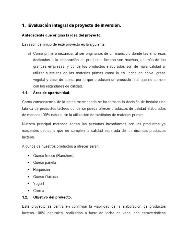 Evaluación Integral de Proyecto de Inversión Integradora I | PDF | Leche | Productos lácteos