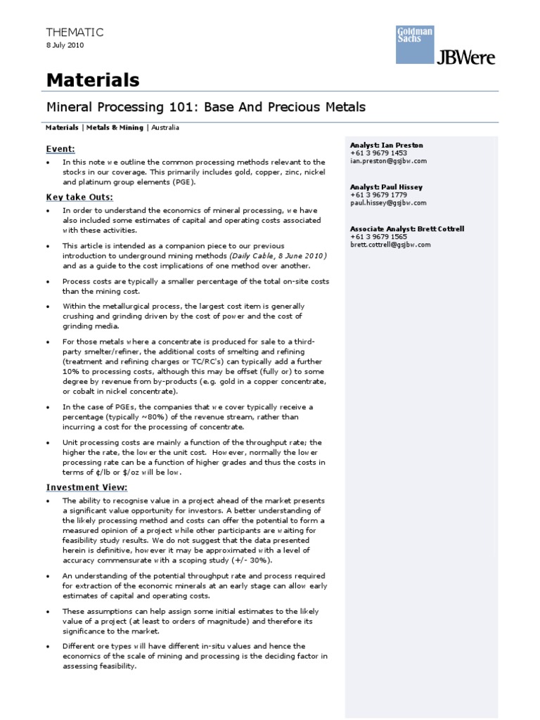 Mineral Processing | PDF | Mill (Grinding) | Goldman Sachs