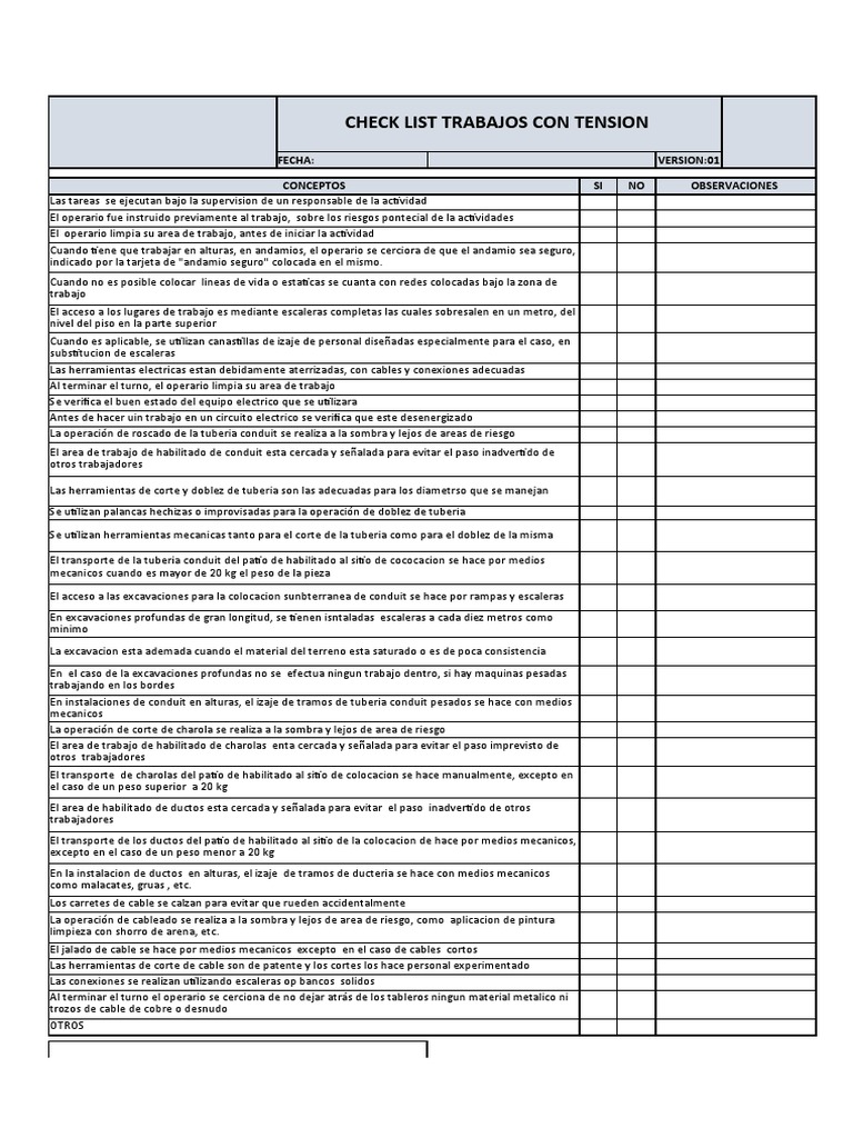 Check List Trabajos en Tension | Descargar gratis PDF | Bienes ...