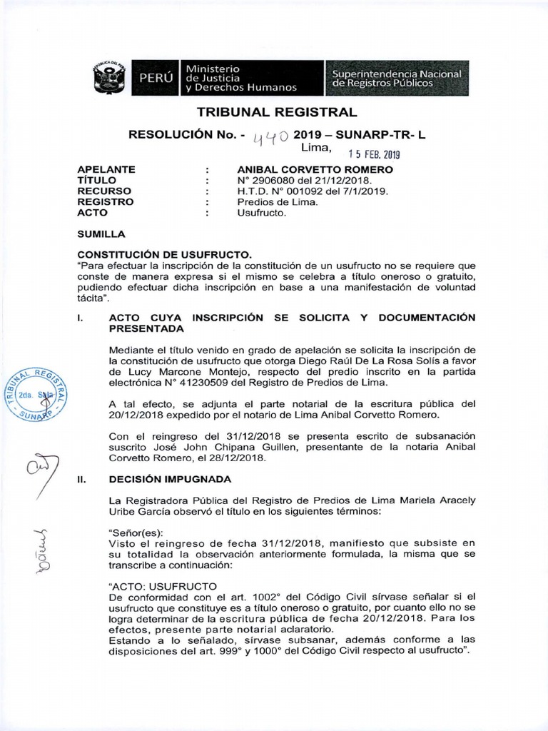 Resolucion 440 2019 Sunarp TR L | PDF | Propiedad | Documentos legales