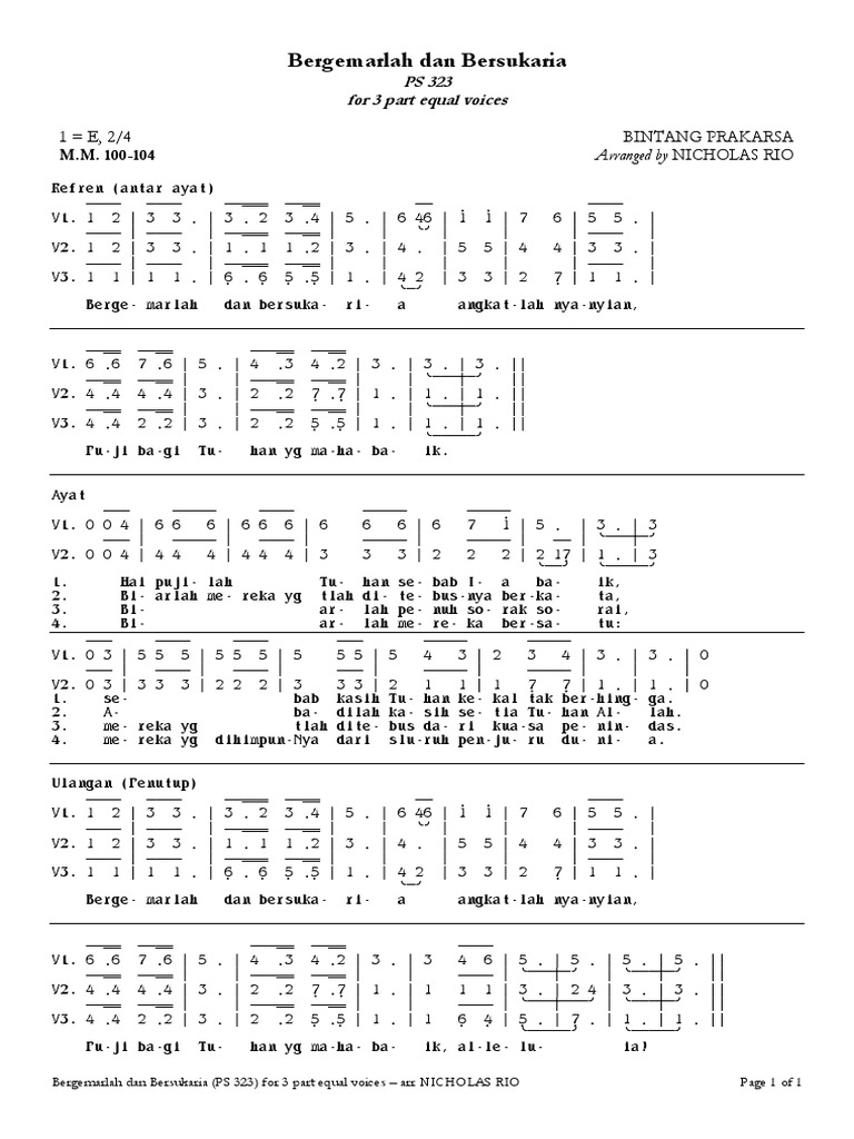 Bergemarlah Dan Bersukaria (PS 323) - 3 Part Voices Arr Nicholas Rio | PDF