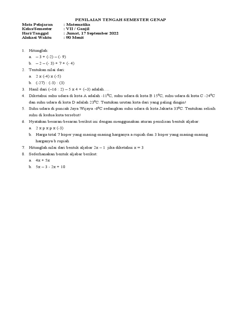 Soal PTS Ganjil Mat 7 | PDF