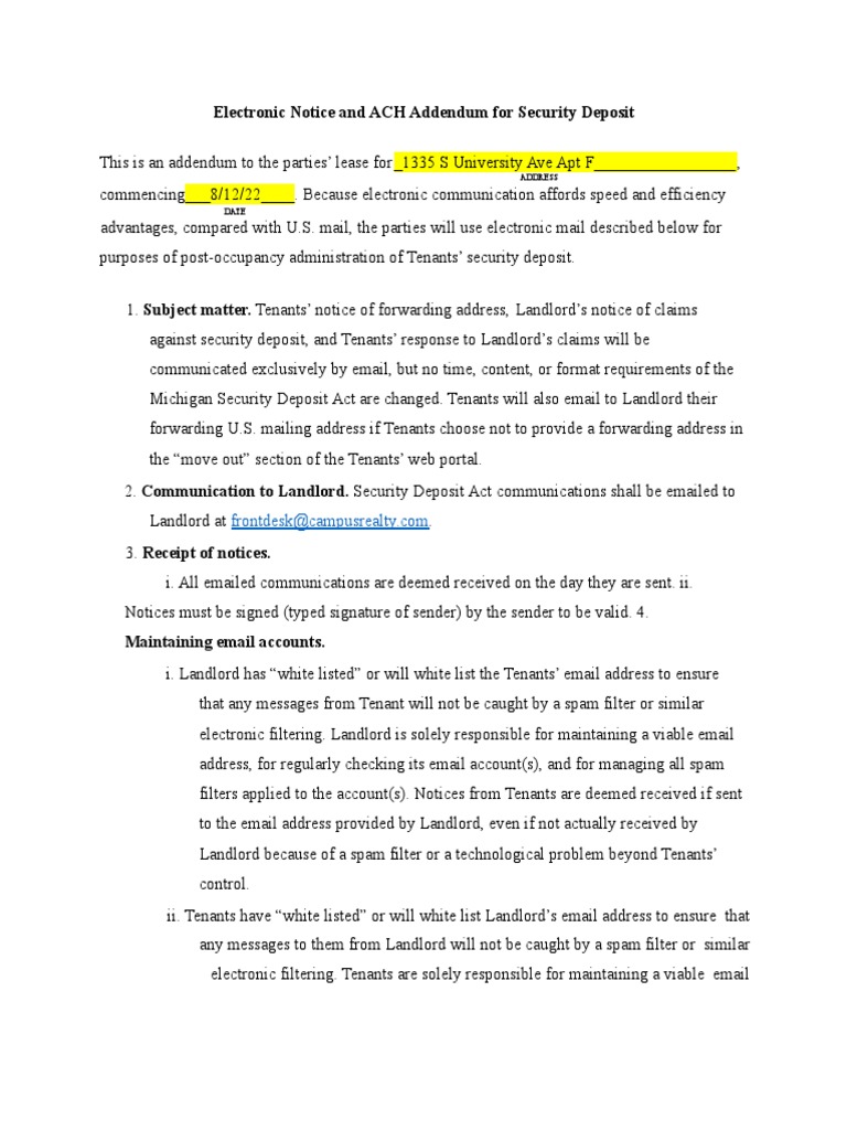 Electronic Notice and ACH Addendum For Lease Security Deposit | PDF ...