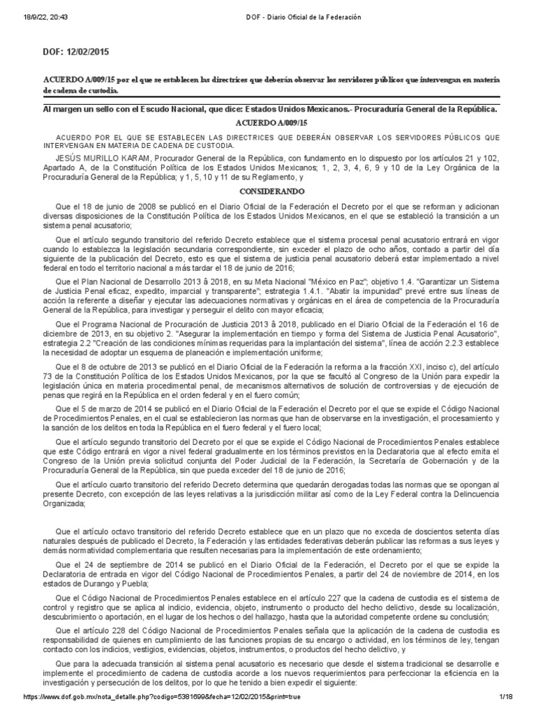 Acuerdo A-009-15 Directrices Cadena de Custodia | PDF | Federación | Procedimiento Criminal