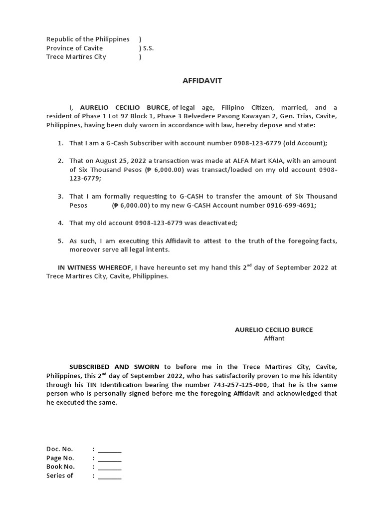 Affidavit GCASH-AURELIO CECILIO BURCE | PDF Affidavit GCASH-AURELIO CECILIO BURCE | PDF