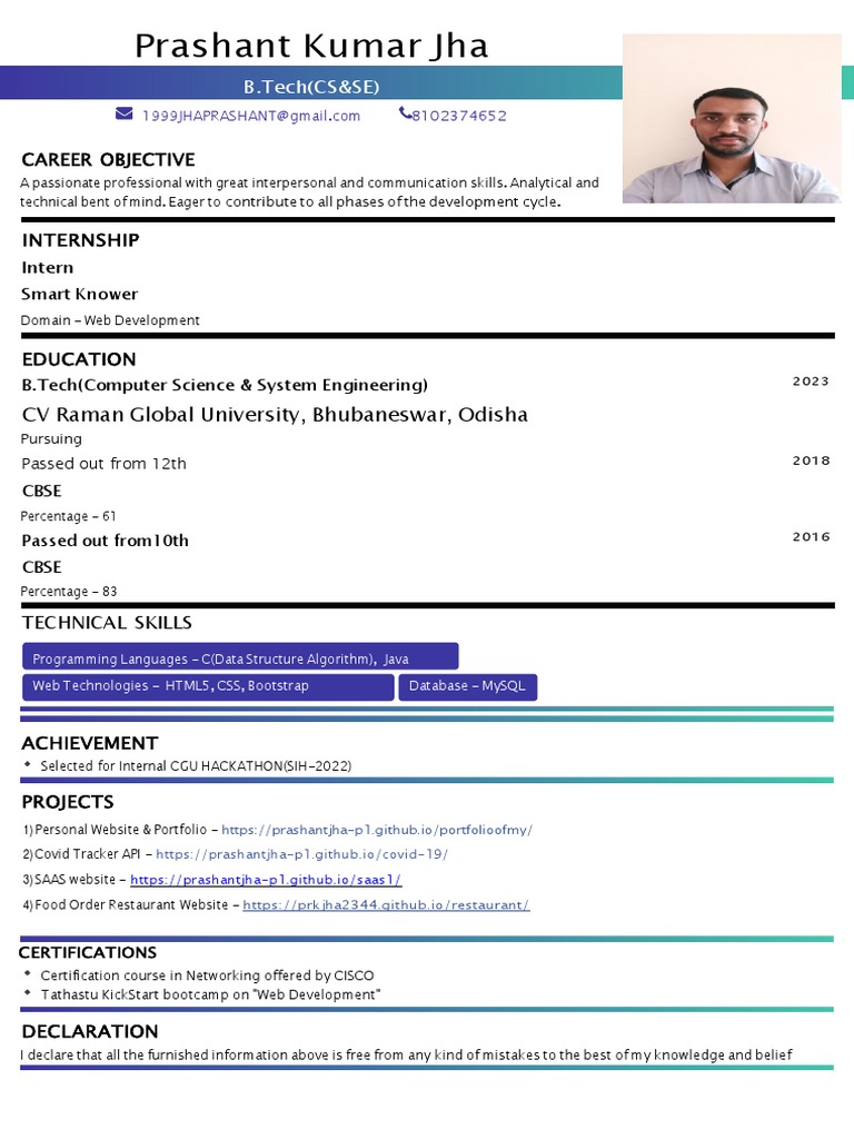 Web Developer Resume of Prashant Jha | PDF