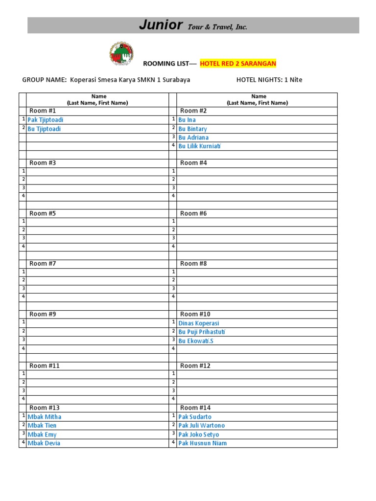 Male Rooming List Example | PDF