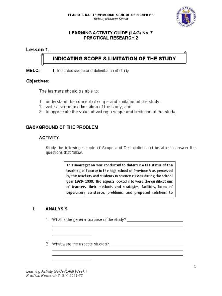 Lesson 1. Indicating Scope & Limitation of The Study: Learning Activity Guide (Lag) No. 7 ...