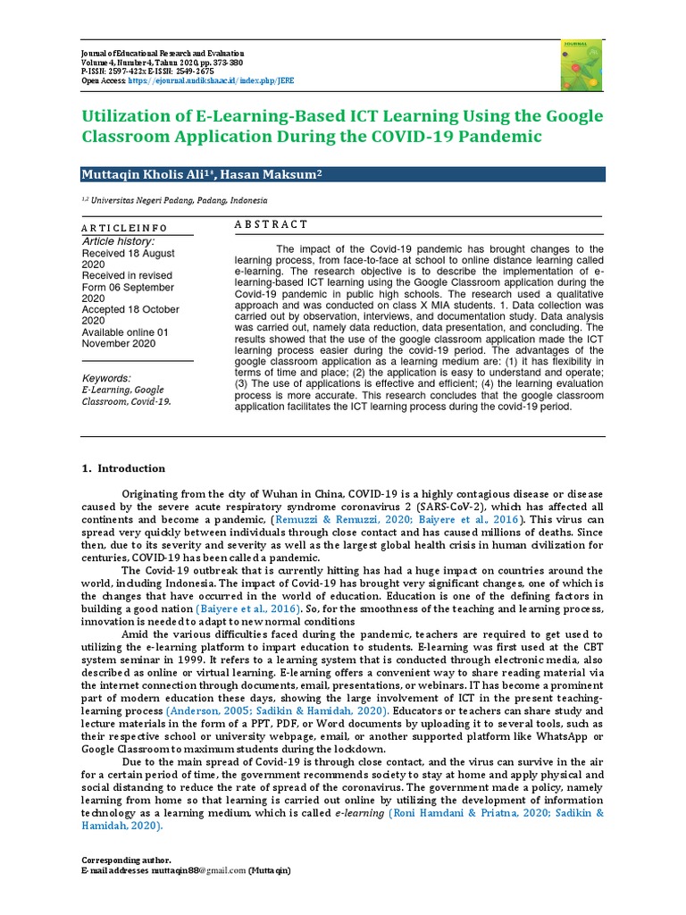 Utilization of E-Learning-Based ICT Learning Using The Google Classroom Application During The ...