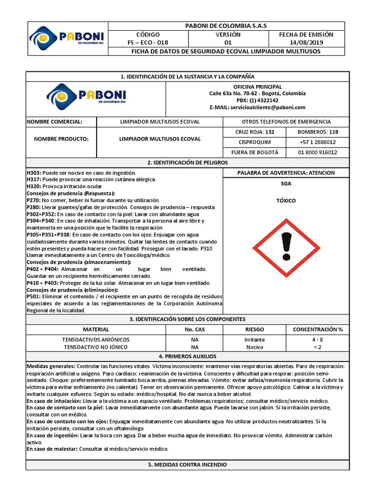 Fs-Eco-018 Limpiador Multiusos Ecoval | PDF | Agua | Residuos