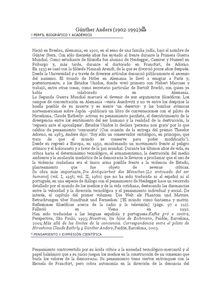 Biografía y pensamiento de Günther Anders | PDF | Historia