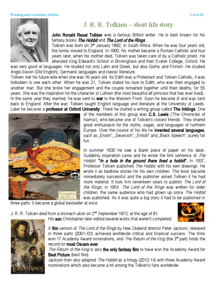 JRR Tolkienshort Story Reading Qs 2 Pages Reading Comprehension ...